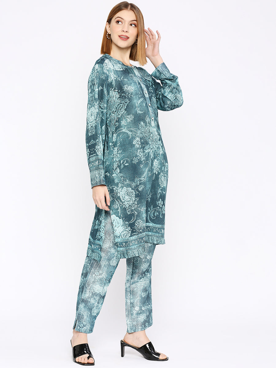 Teal Floral Printed Co-Ord Set With Brocade Pant – Cloth Haus